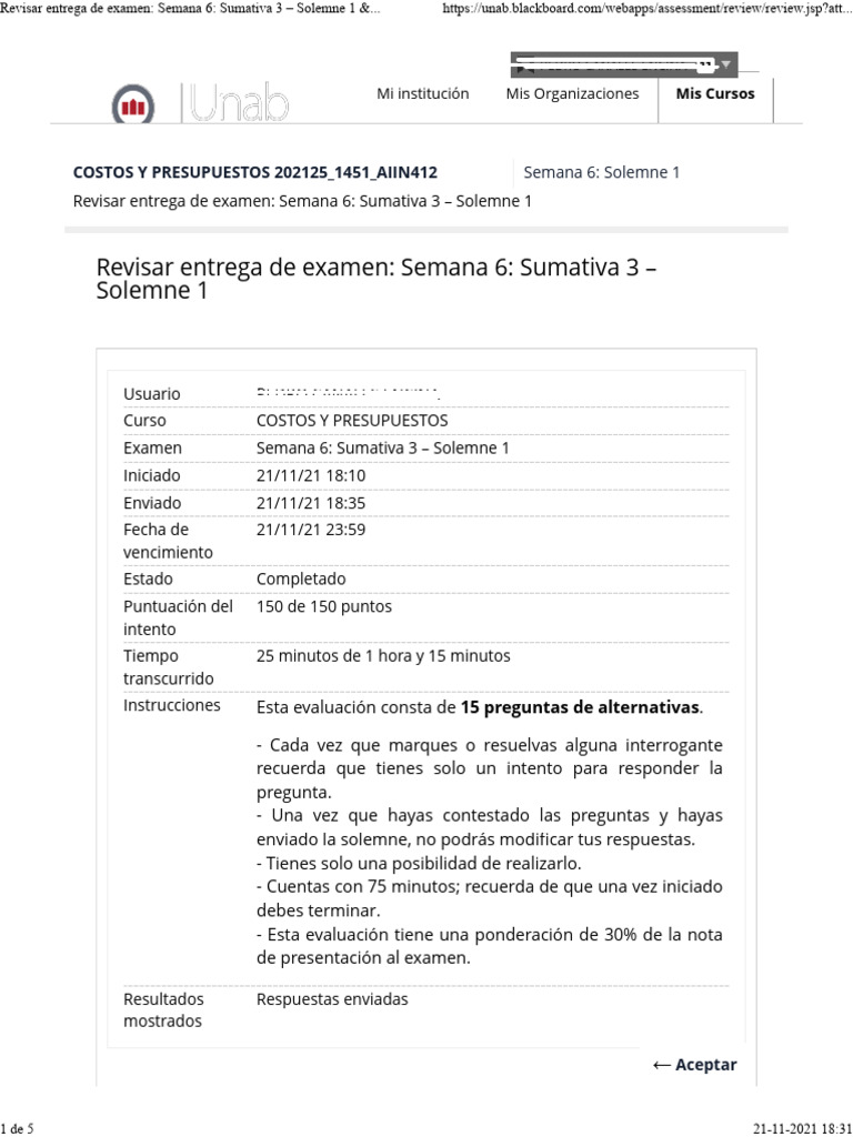 Revisar Entrega de Examen Semana 6 Sumativa 3 - Solemne 1 &... | Descargar gratis PDF | Business ...