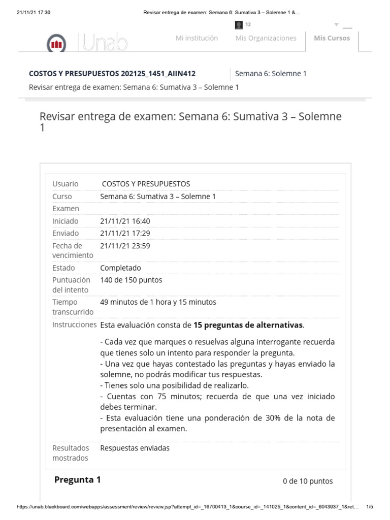 Revisar Entrega de Examen - Semana 6 - Sumativa 3 - Solemne 1 &.. | PDF | Business | Presupuesto