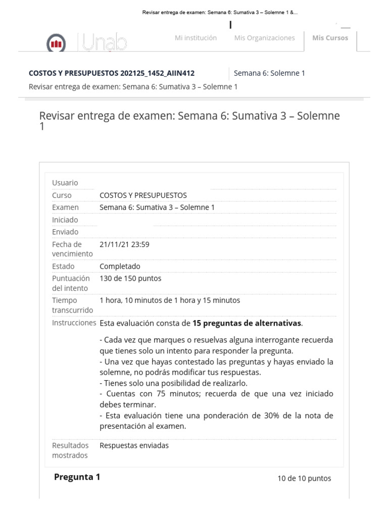 Revisar Entrega de Examen - Semana 6 - Sumativa 3 - Solemne 1 &.. | PDF | Business | Presupuesto