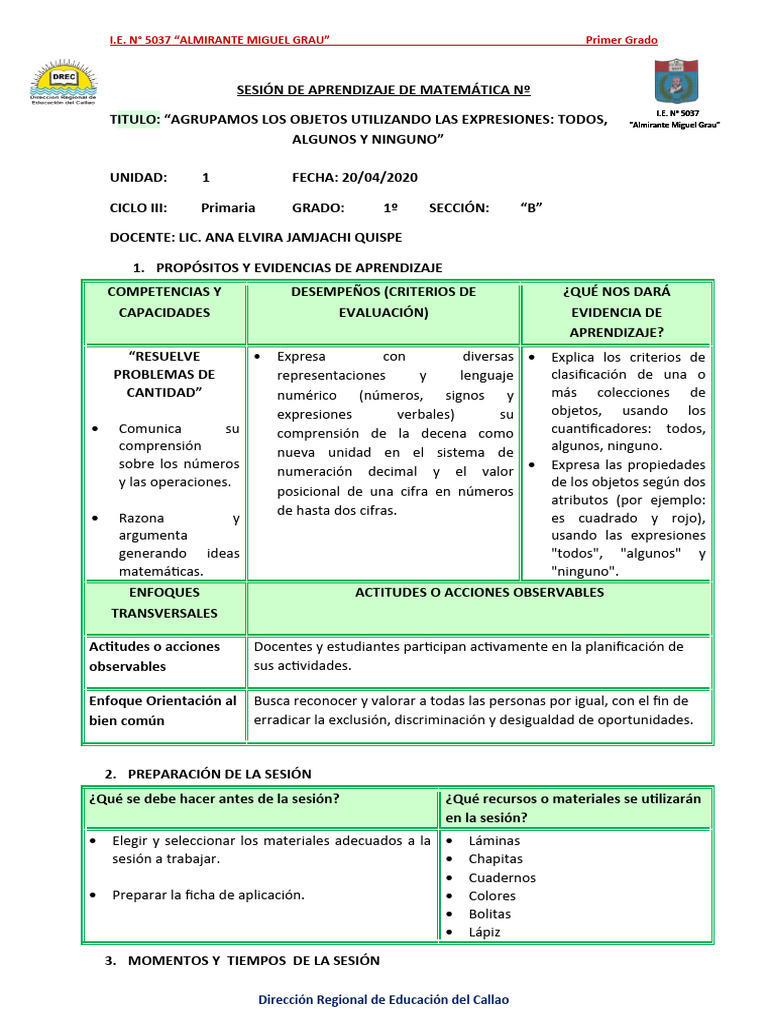 sesion de aprendizaje agrupamos objetos todos algunos ninguno | PDF | Evaluación | Aprendizaje