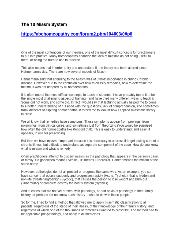 The 10 Miasm System | PDF | Homeopathy | Clinical Medicine