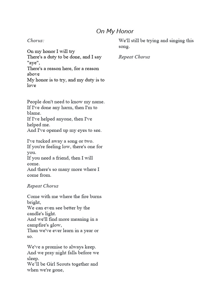On My Honor Girl Scout Song Lyrics | PDF | Language Arts & Discipline