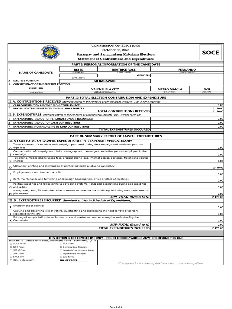 Soce 1 (SK Kagawad Beatrice Rose F. Reyes - Brgy. Punturin) | PDF ...