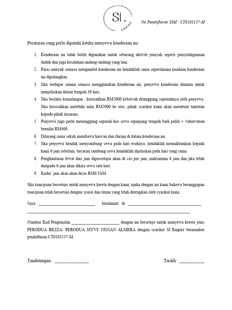 Perjanjian Sewa Kenderaan Pdf