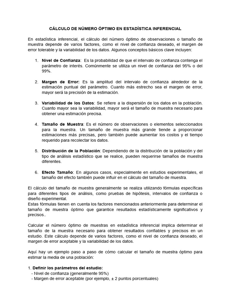 Cálculo de Número Óptimo | PDF | Intervalo de confianza | Muestreo (Estadísticas)