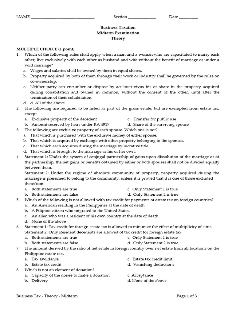 Midterm - Business Tax - Theories | PDF | Estate Tax In The United ...