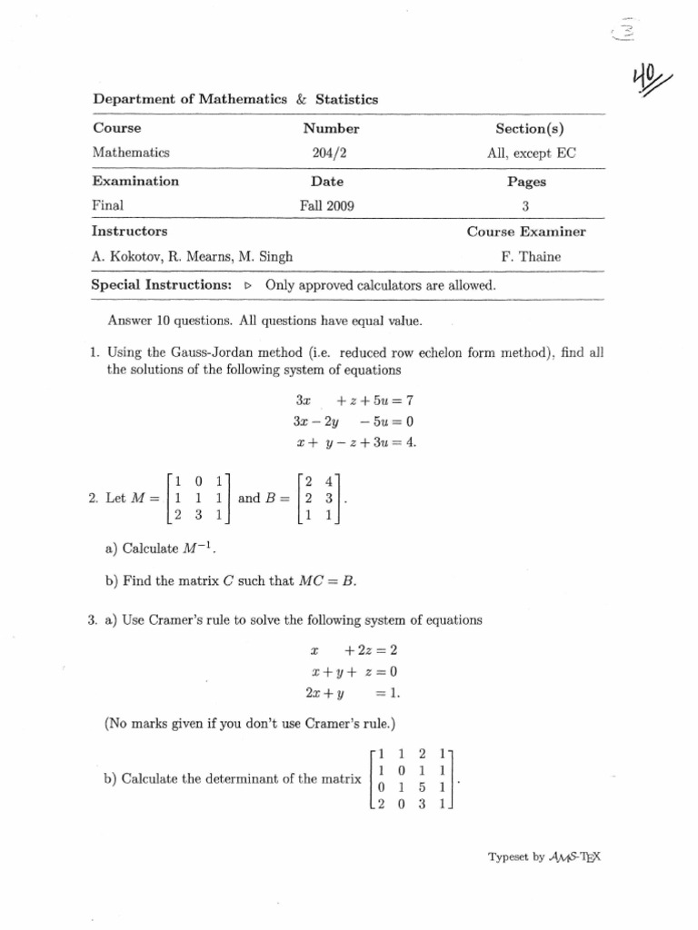 MATH 204 - Final (2009-F) | PDF
