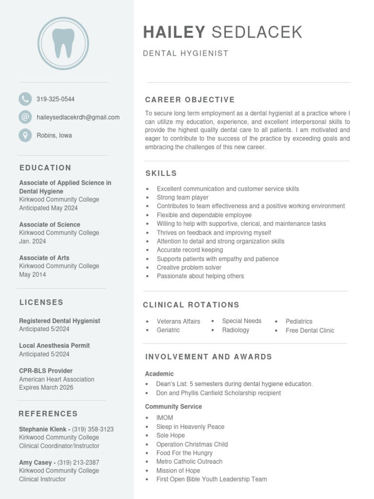 Resume Hailey Sedlacek 2024 | Download Free PDF | Dental Hygienist | Health Care