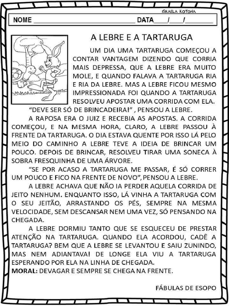 Gênero Fábula - A Lebre e A Tartaruga | PDF