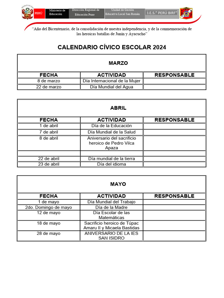 Calendario Cívico Escolar 2024 | PDF | Perú | América del Sur