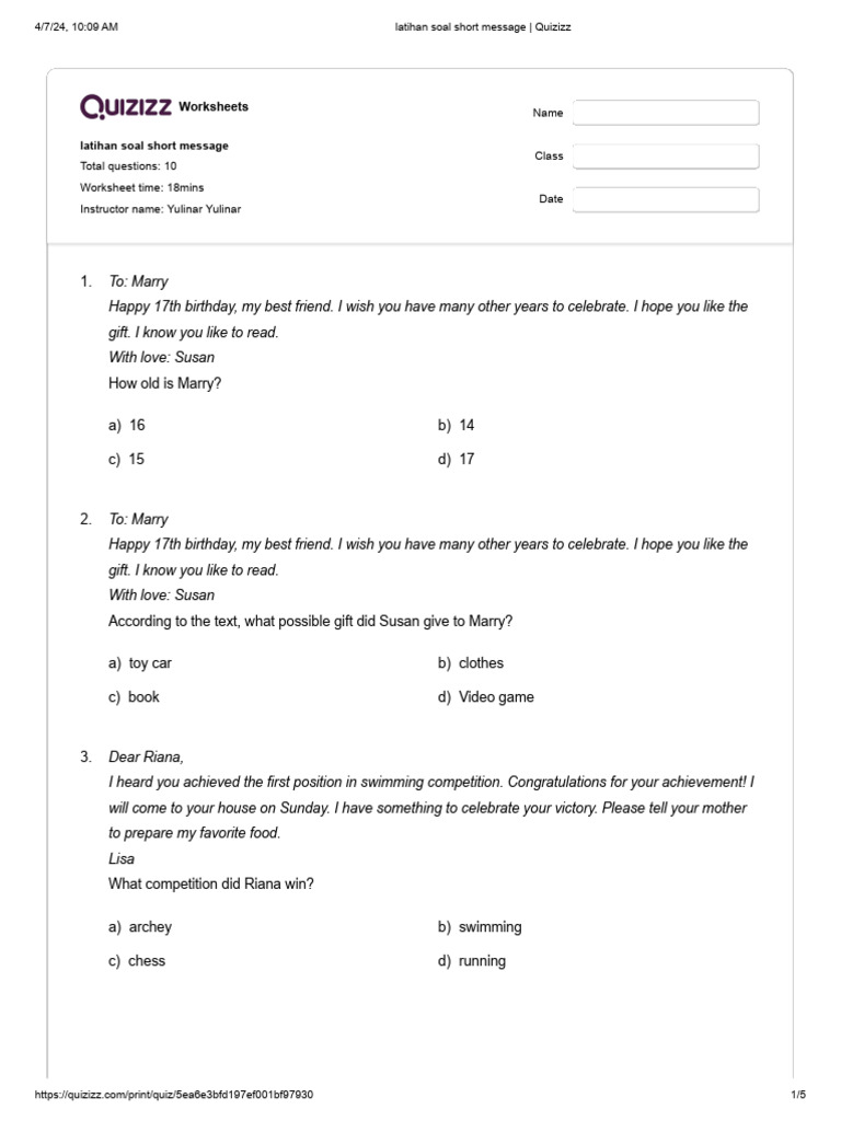 Latihan Soal Bahasa Inggris Short Message | PDF
