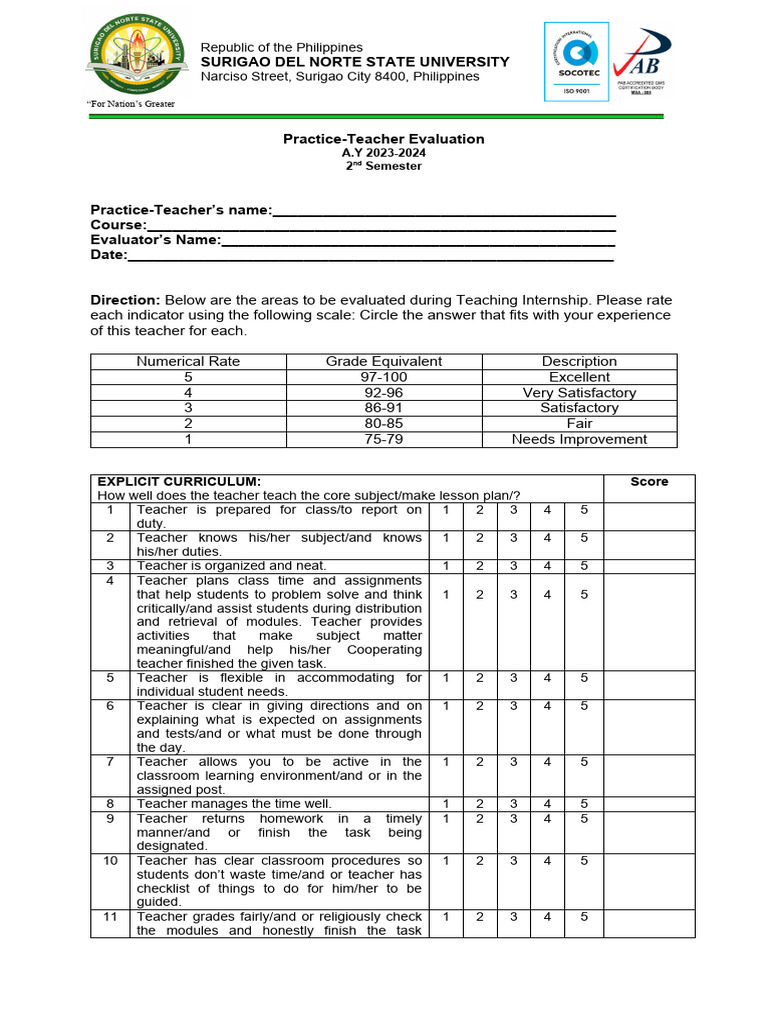 Practice Teacher Evaluation Form 2023-2024 | PDF | Teachers | Curriculum