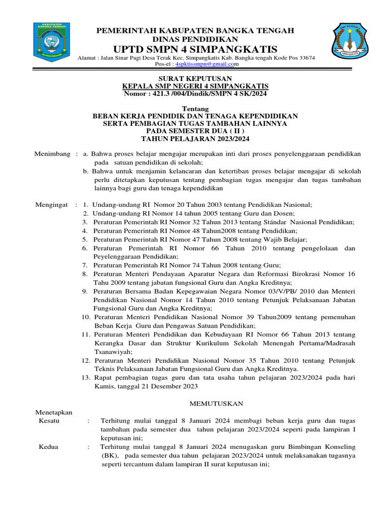 SK Pembagian Tugas 2023 2024 Genap Fix | PDF