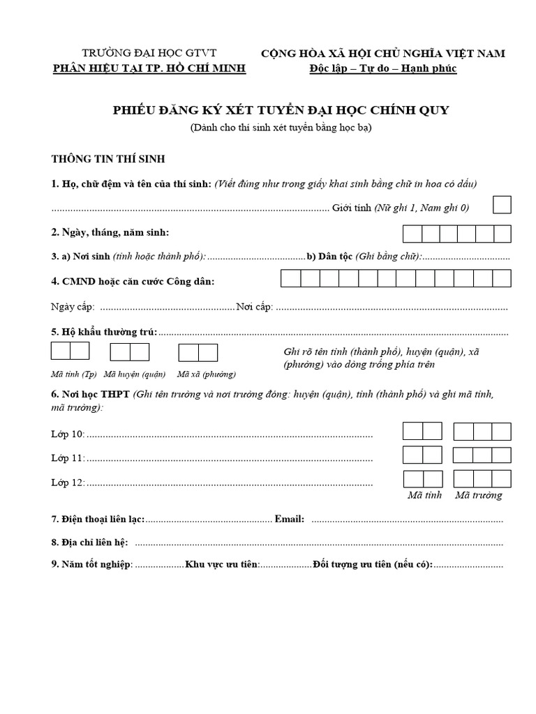 Mau Phieu Dang Ky Xet Theo Hoc Ba THPT-nam 2023 | PDF