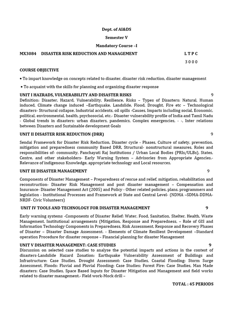 MX3084 Disaster Risk Reduction and Management L T P C | Download Free PDF | Emergency Management ...