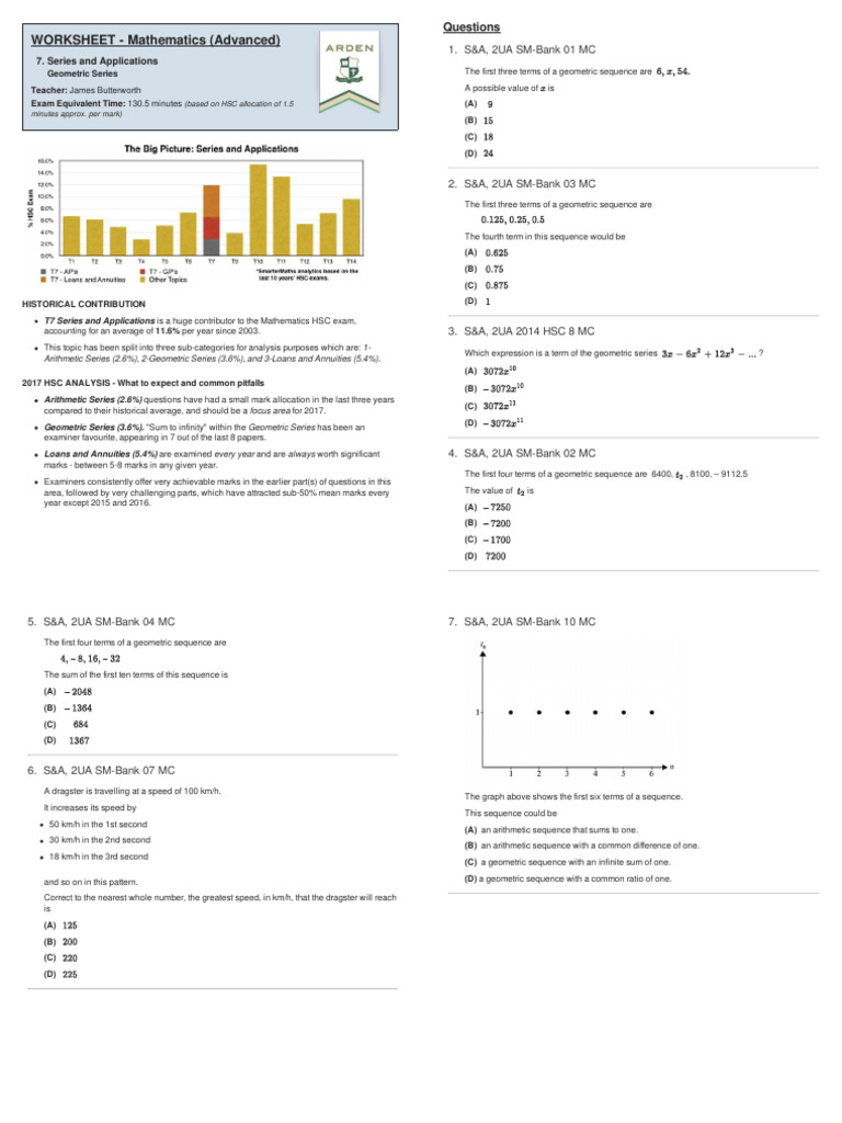 2019 MA Geometric Series Worksheet HSC Questions W Solutions | PDF ...
