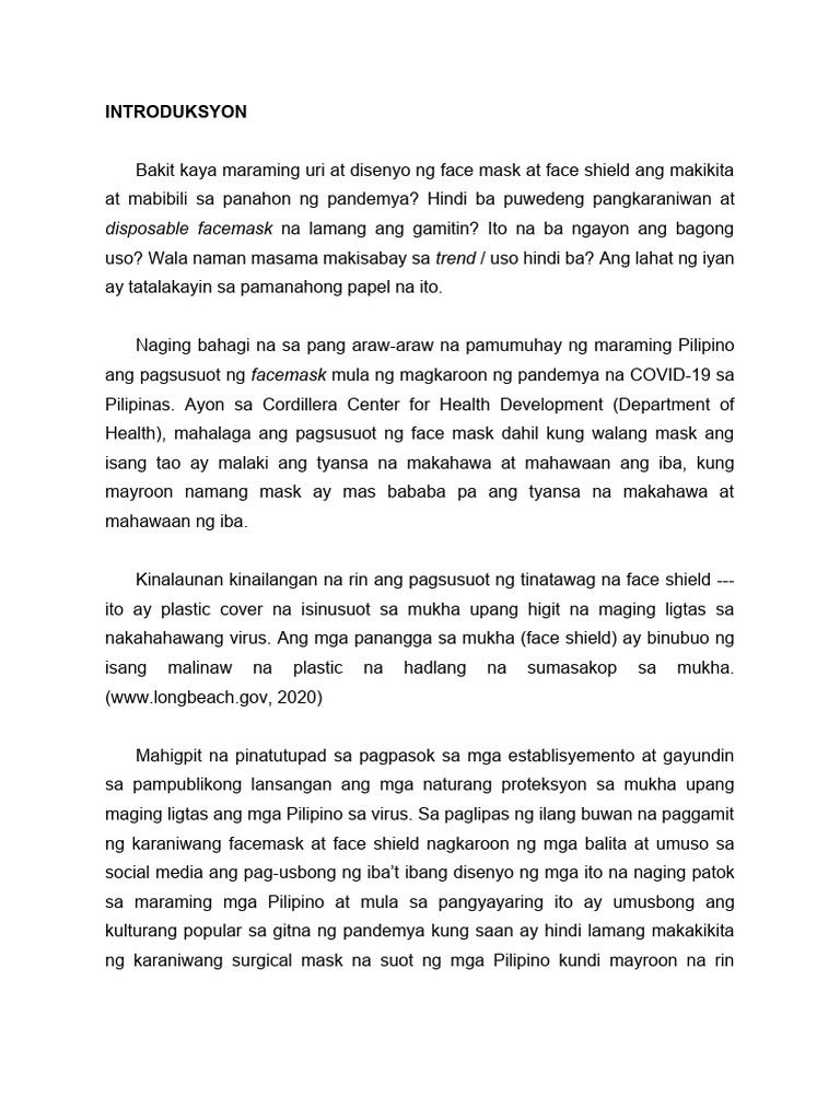 Kulturang Popular. Ibat Ibang Disenyo NG Facemask at Face Shield | PDF