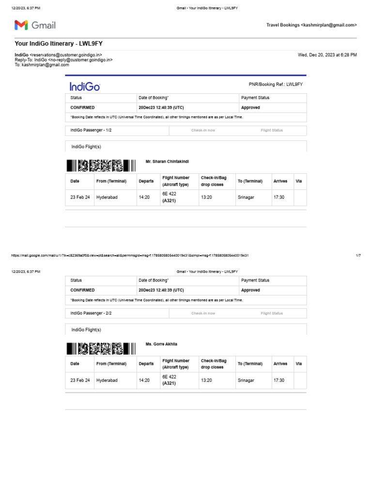 Gmail - Your IndiGo Itinerary - LWL9FY | PDF | Airport