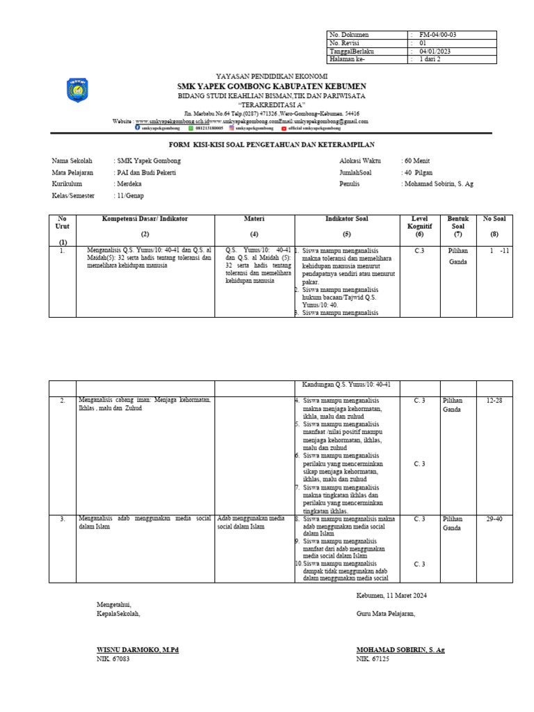 Kisi2 Sts Genap Kls 11 THN 2024 | PDF