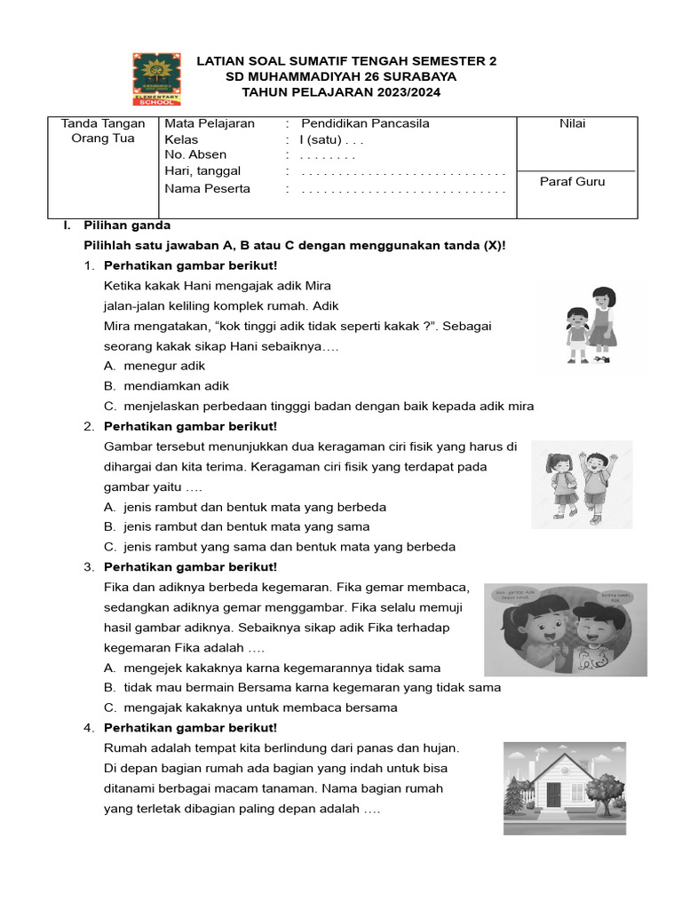 LATIHAN SOAL Pendidikan Pancasila STS 2 Kelas 1 | PDF | Seni & Disiplin Bahasa | Griya & Taman