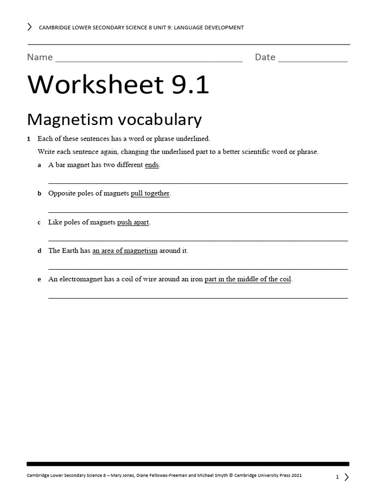S8 Language Worksheets Unit 9 | PDF | Magnet | Magnetism