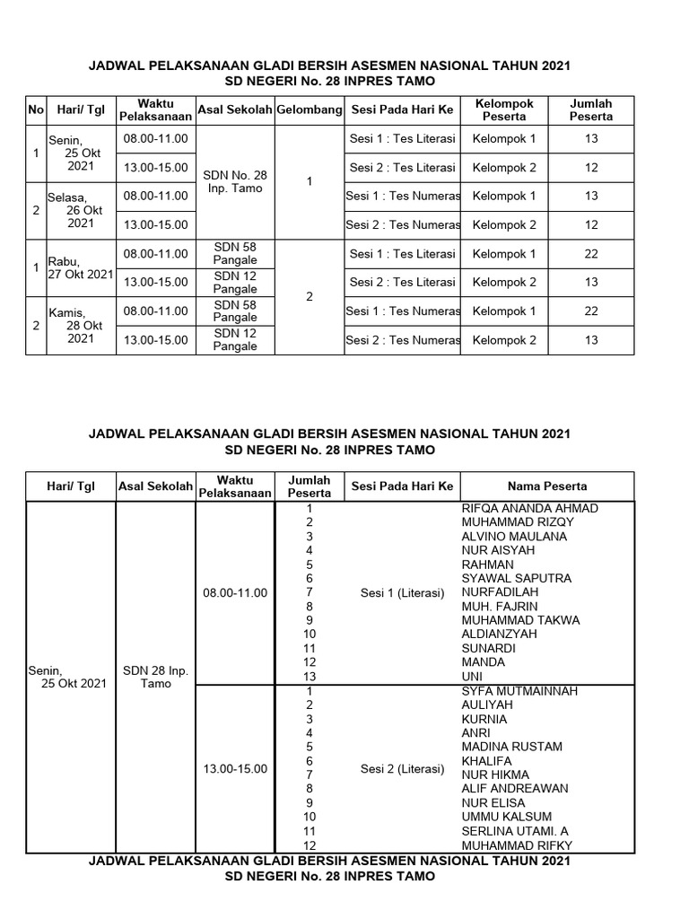 Jadwal Gladi Asesmen Nasional | PDF