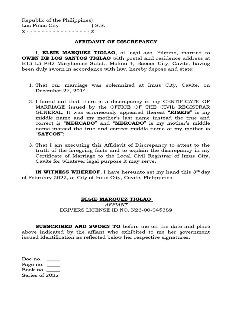 AFFIDAVIT OF DISCREPANCY INCORRECT SUR NAME MILDRED PASCO MANALANG | PDF AFFIDAVIT OF DISCREPANCY INCORRECT SUR NAME MILDRED PASCO MANALANG | PDF