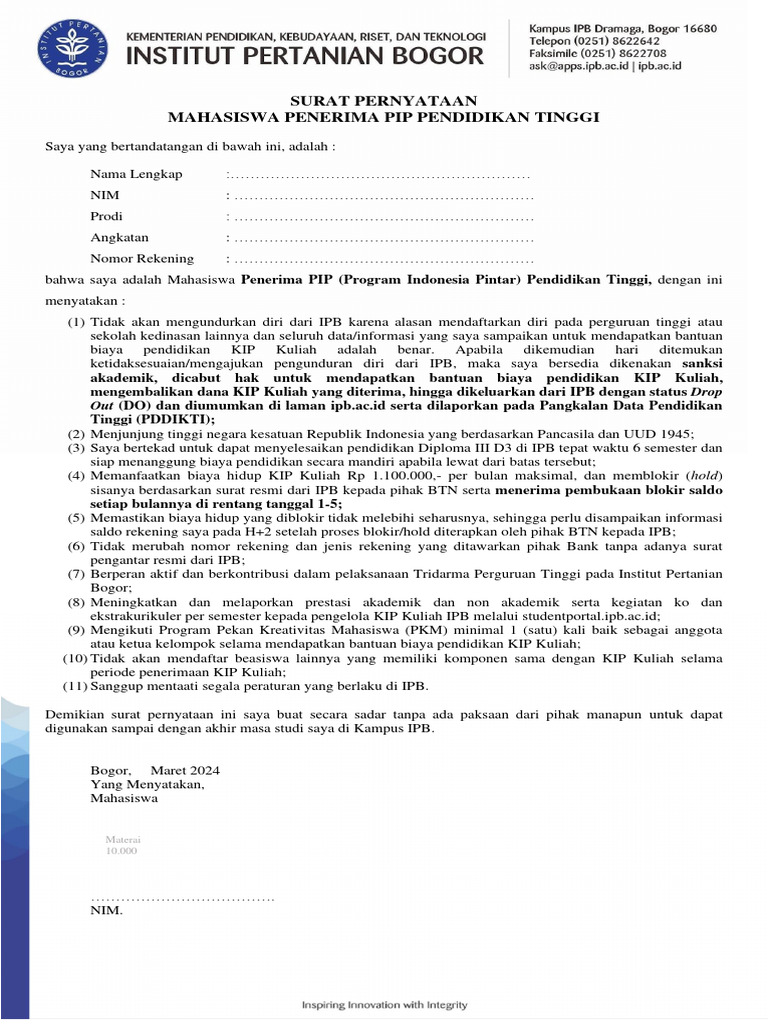 Surat Pernyataan Penerima PIP IPB | PDF | Pengelolaan Keuangan & Uang