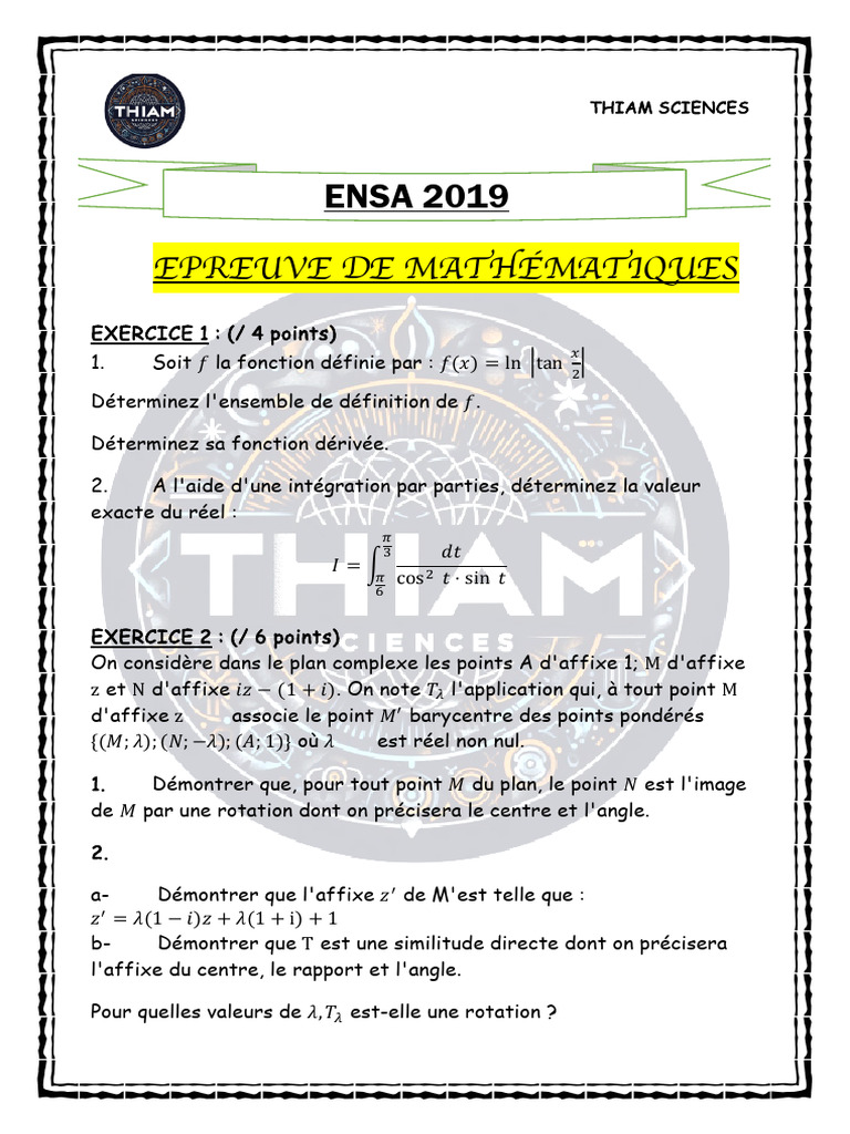 Epreuve de maths-ENSA 2019 | PDF | Limite (mathématiques) | Fonction (Mathématiques)