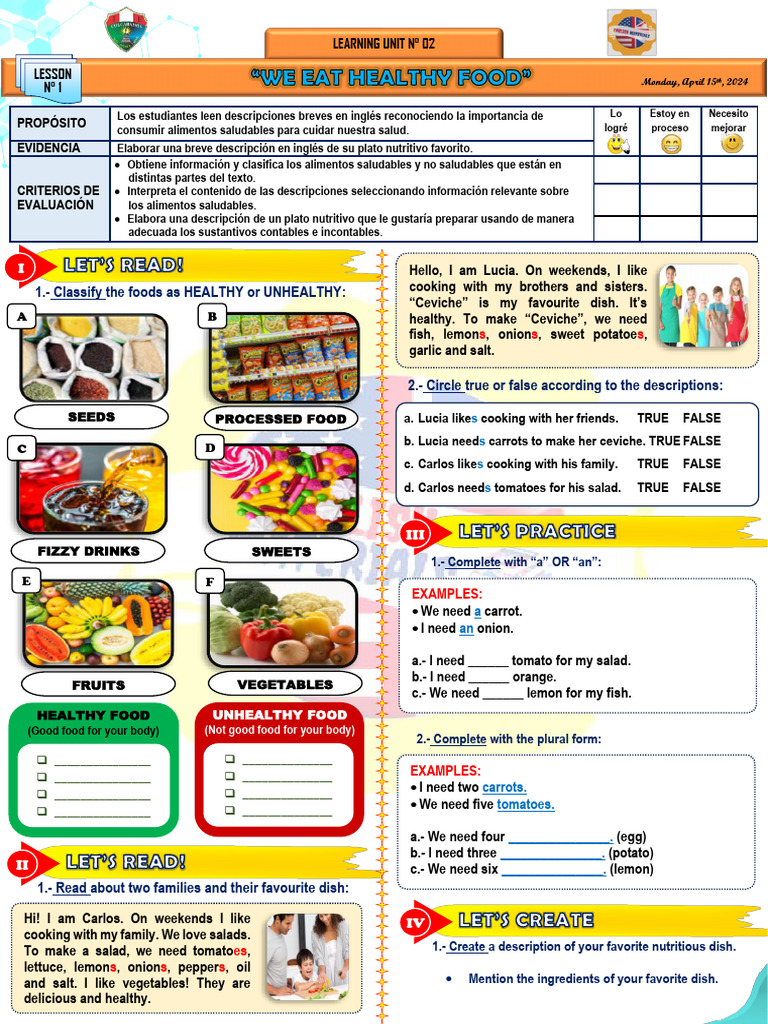 1° 2° Ficha de Actividades Week #01 UNIT 2 | PDF | Foods | Salad
