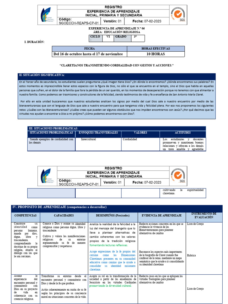 EXPERIENCIA DE APRENDIZAJE #06 - 3ro Sec | PDF | Aprendizaje | Misionero