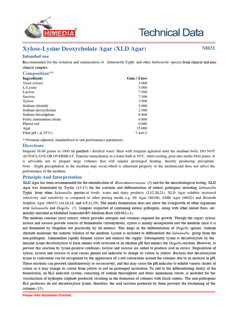 Xylose-Lysine Deoxycholate Agar (XLD Agar) : Intended Use | PDF | Agar ...