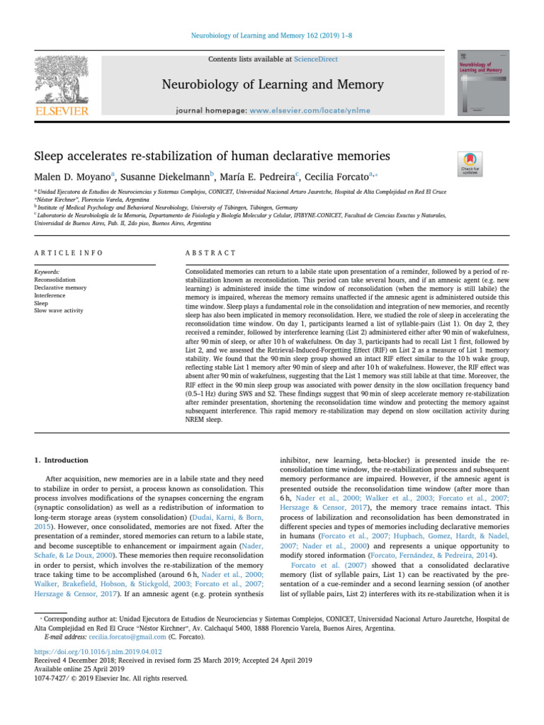 Dormir Acelera La Reconsolidacion de La Memoria (Paper en Ingles) | PDF | Memory | Sleep
