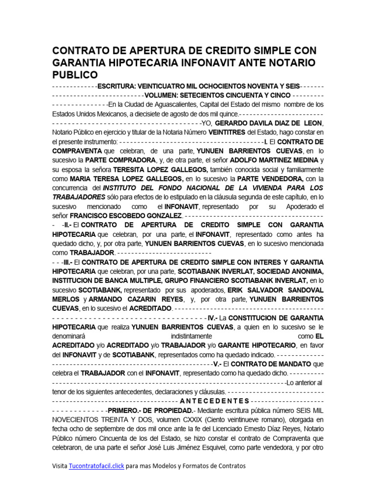 Contrato de Apertura de Credito Simple Con Garantia Hipotecaria ...