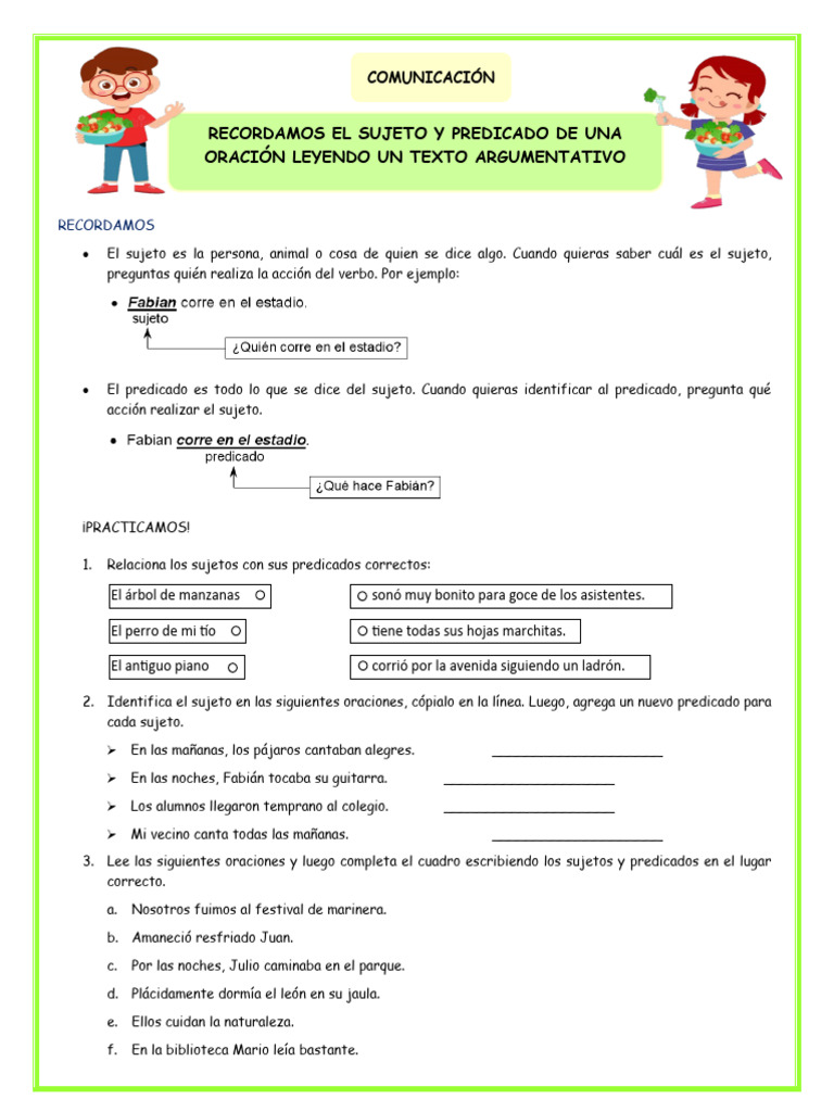 Sujeto y Predicado: Ejercicios Prácticos | PDF | Asunto (gramática ...