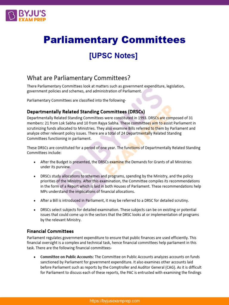 UPSC Notes on Parliamentary Committees | PDF | Committee | Public Law