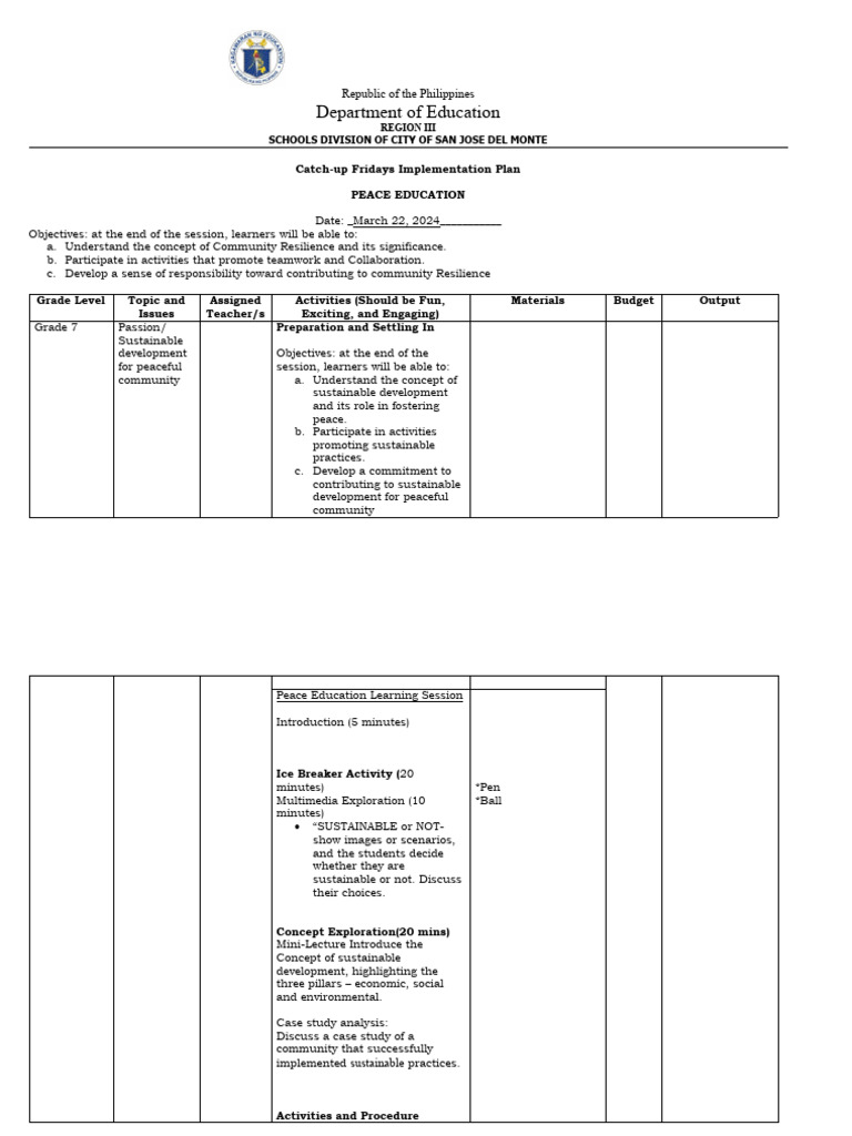 SIP Peace Education Template | PDF | Learning