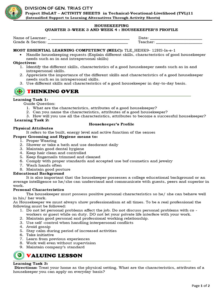LAS - HSK WEEK 3 and 4 | PDF | Hygiene | Learning
