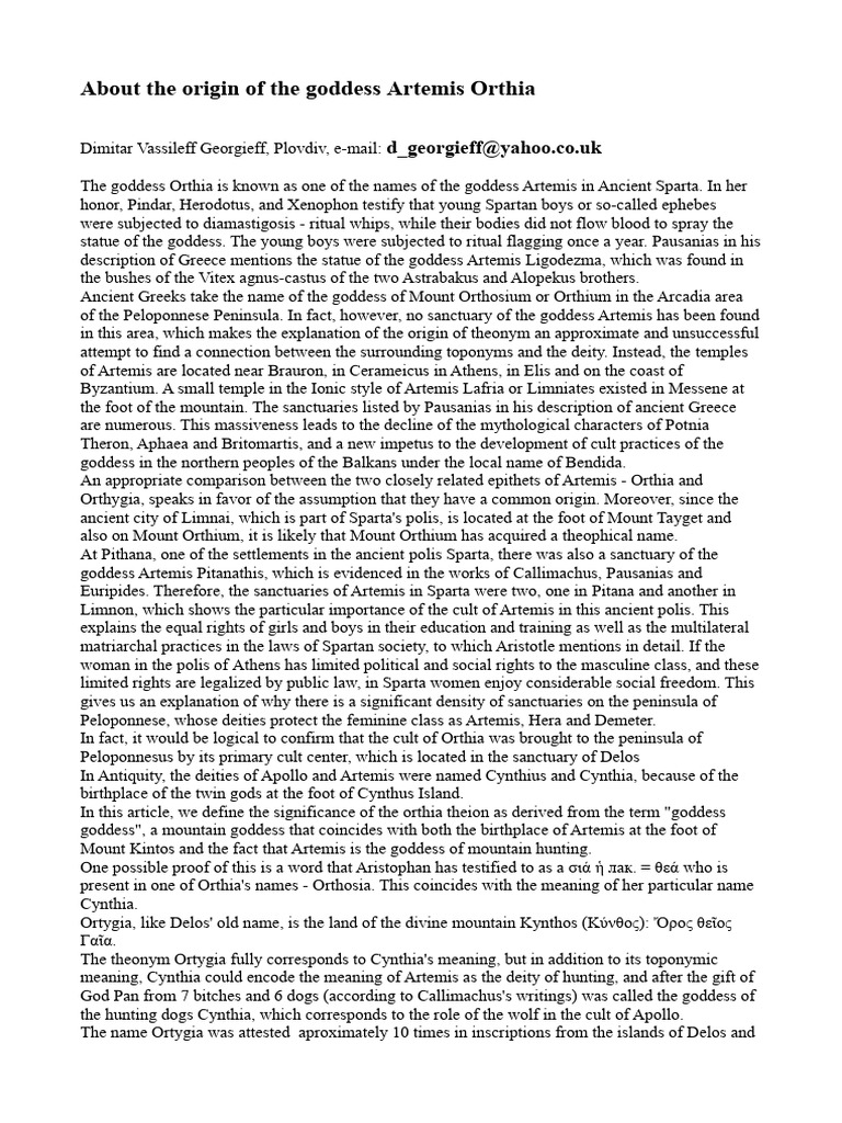 About The Origin of The Goddess Artemis Orthia | PDF | Deities