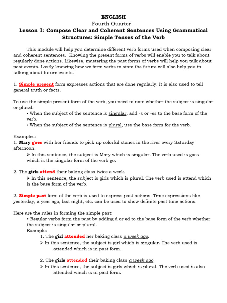 English 6, Q4 | PDF | Grammatical Tense | Verb