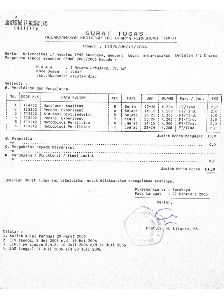 Surat Tugas Mengajar Semester Genap 2005-2006 | PDF