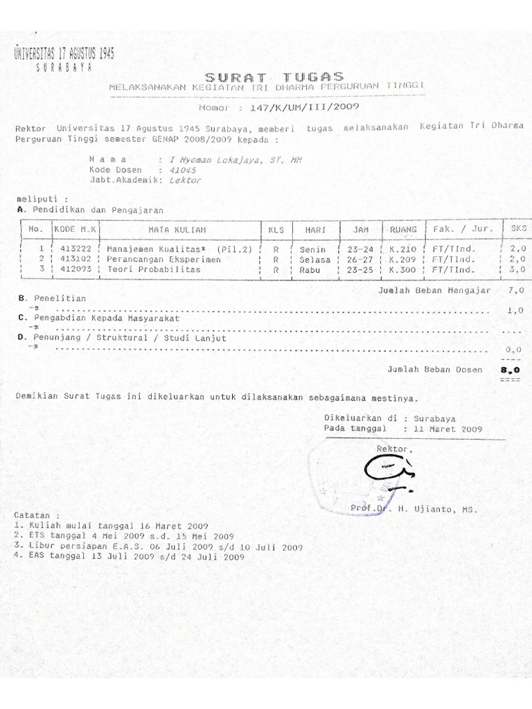 Surat Tugas Mengajar Semester Genap 2008-2009 | PDF