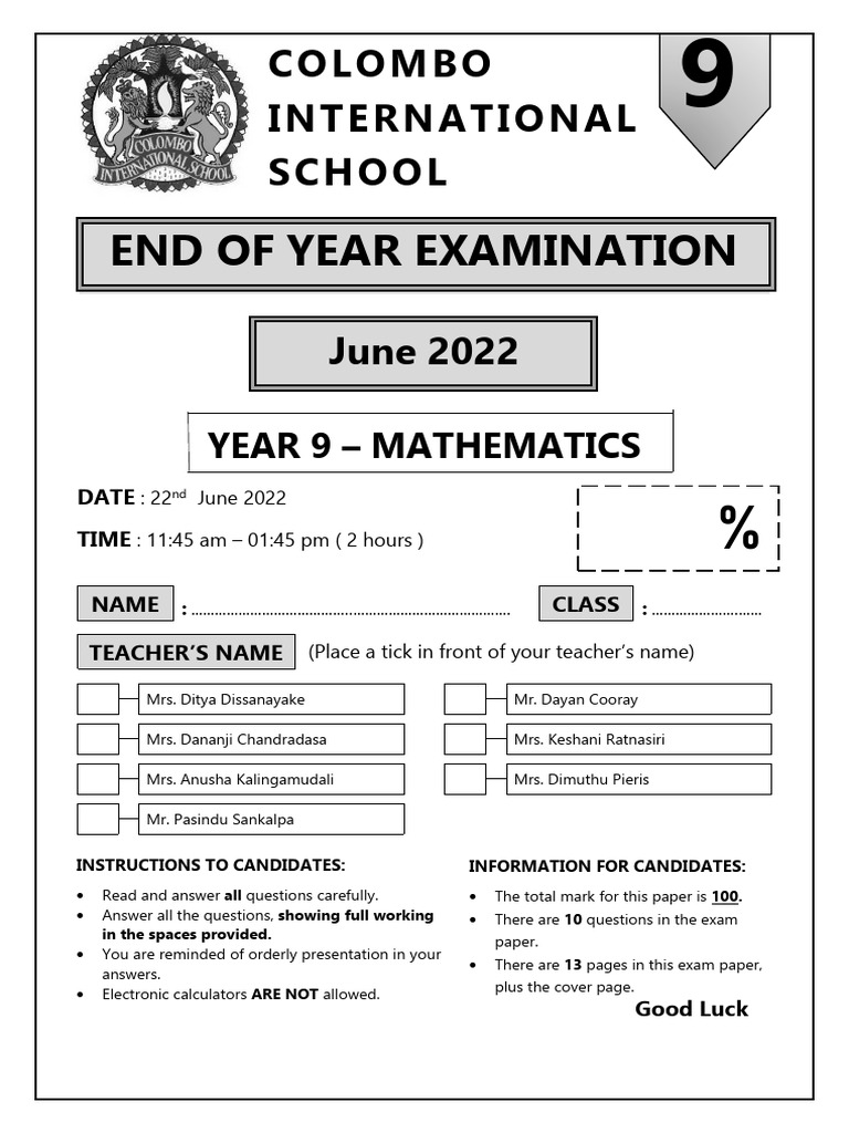 Year 9 Mathematics Exam June 2022 | PDF | Circle | Geometry
