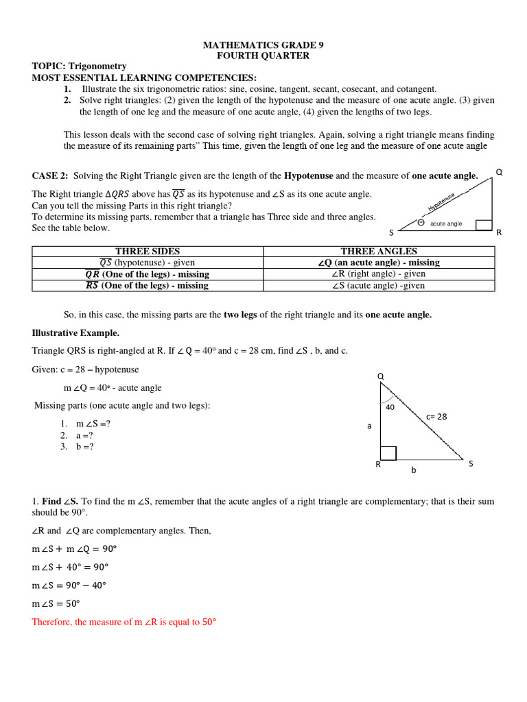 Solving The Missing Parts of A Right Triangle. Grade9-Mathematics | PDF | Trigonometric ...
