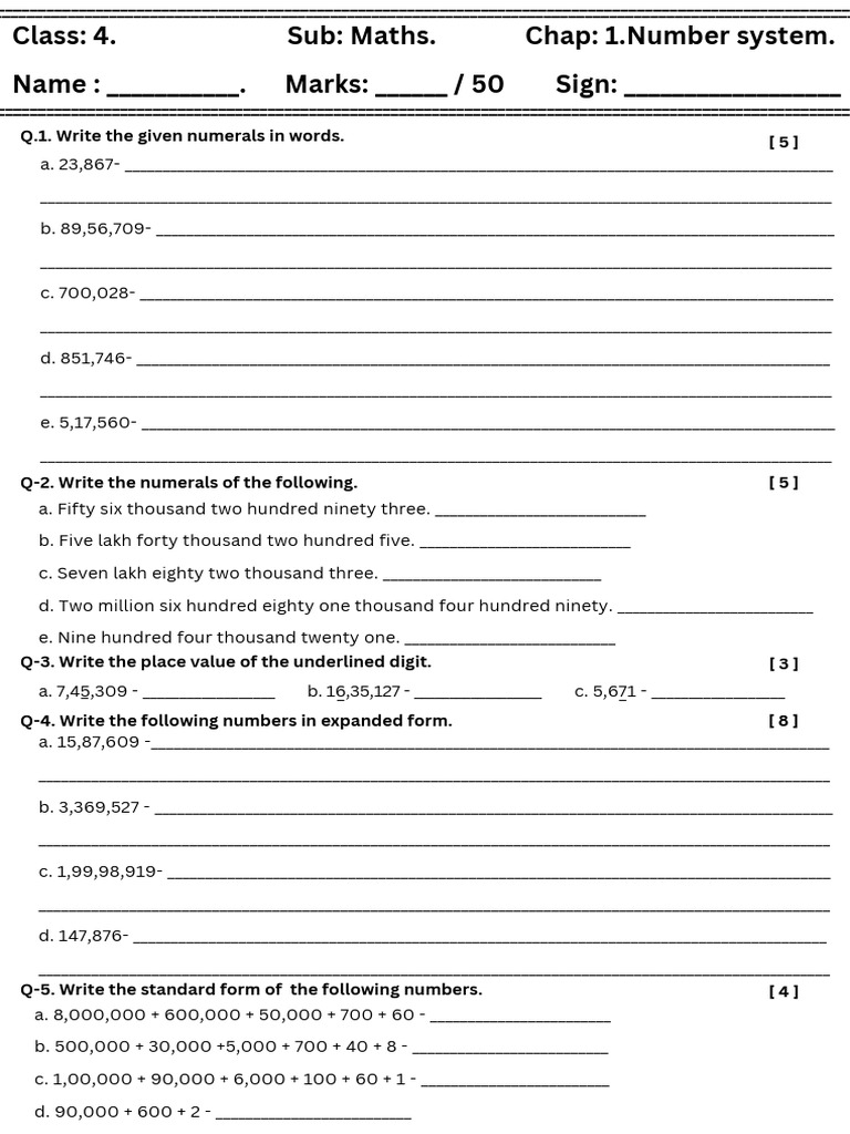 Class 4. Sub Maths.numbersystem | PDF | Numbers | Notation