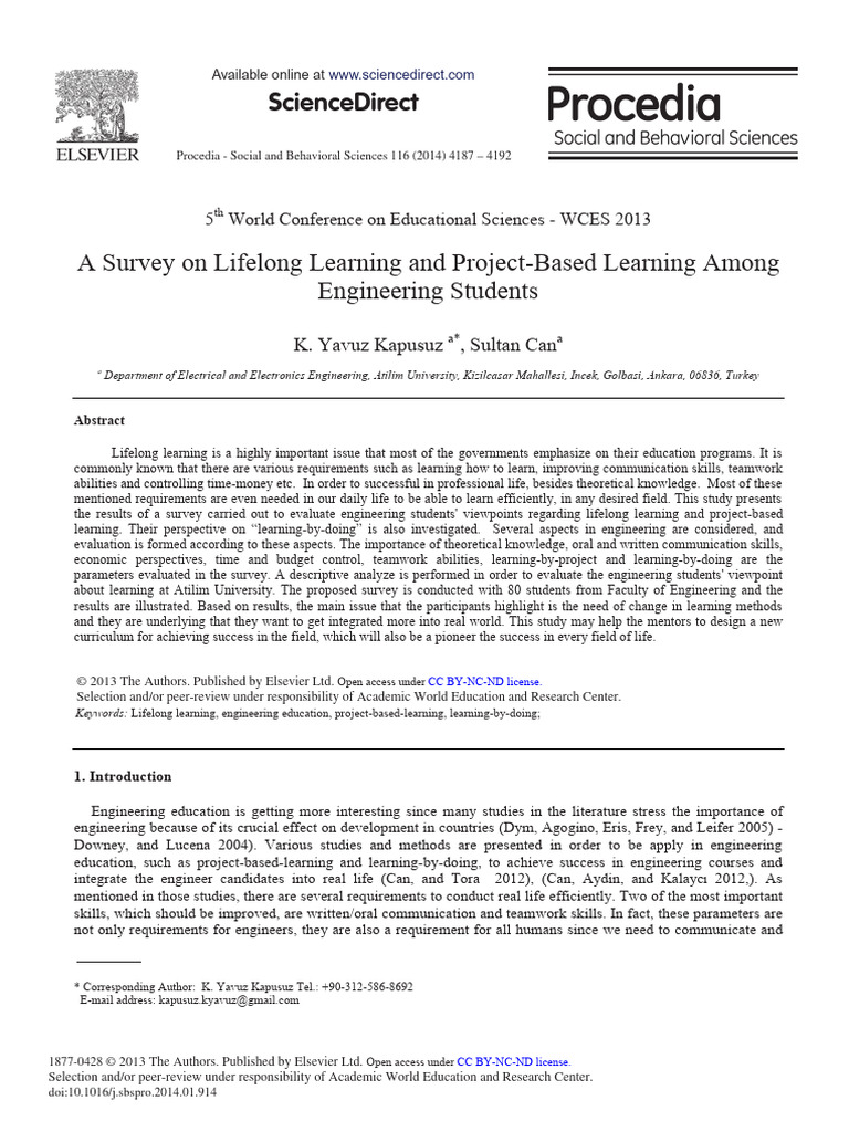 A Survey On Lifelong Learning and Project-Based Learning Among Engineering Students | PDF ...