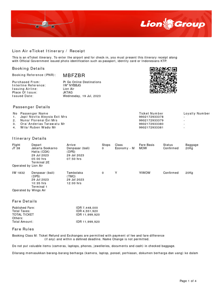 Lion Air Eticket (MBFZBR) - Japi | PDF | Transport Companies | Airlines