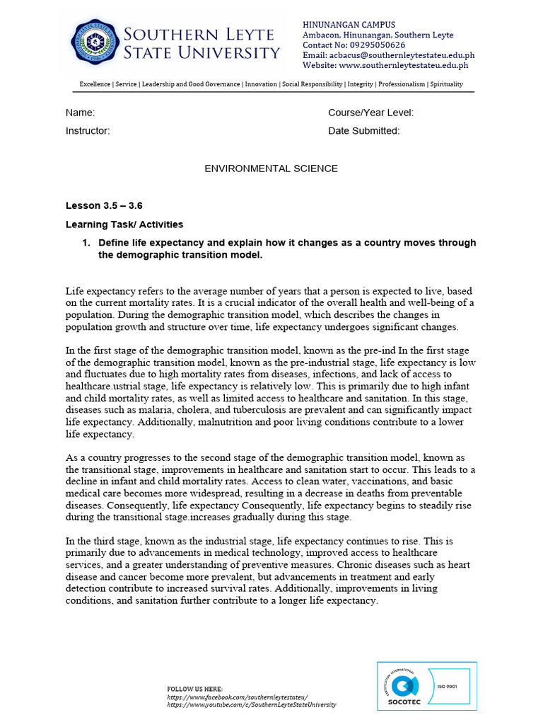 Envi Sci 3.5 3.6 LT A | PDF | Infant Mortality | Life Expectancy