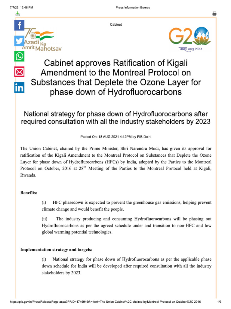 India's Kigali Amendment Ratification Notification | PDF