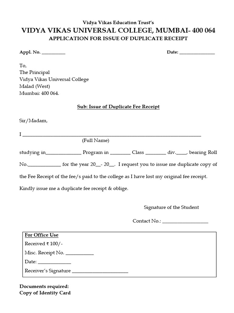 Application For Duplicate Fee Receipt Pdf